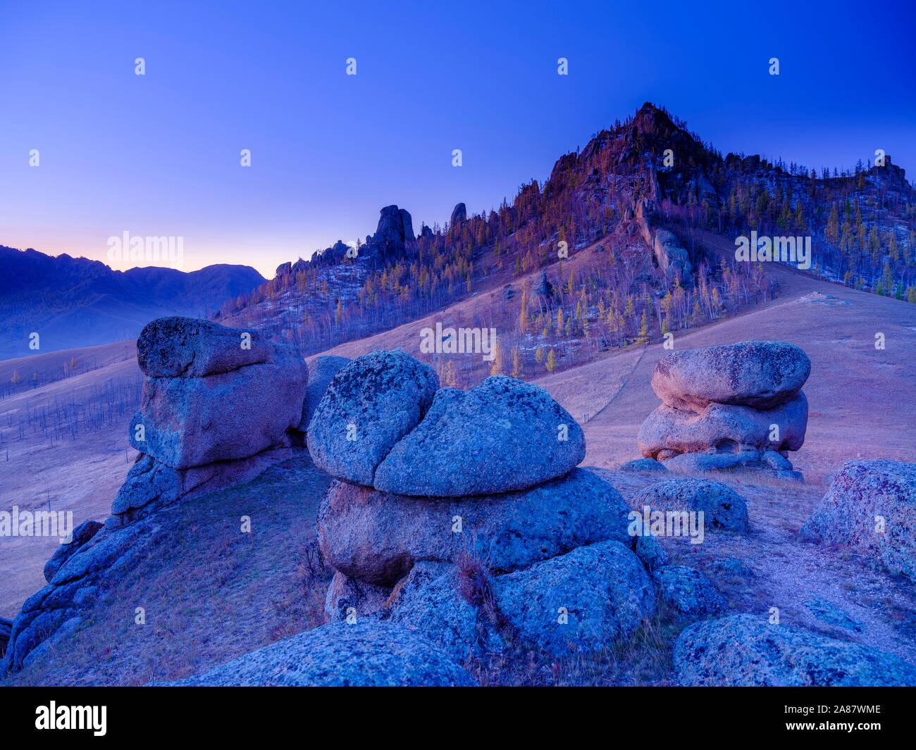 Dawn, rock formations in Gorchi Terelj National Park, Ulan Bator ...