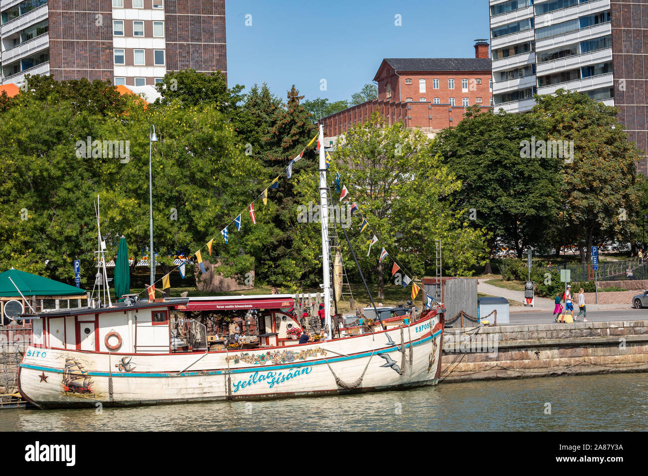 TURKU, FINLAND - AUGUST 02, 2019: View to the Aura river in Turku ...