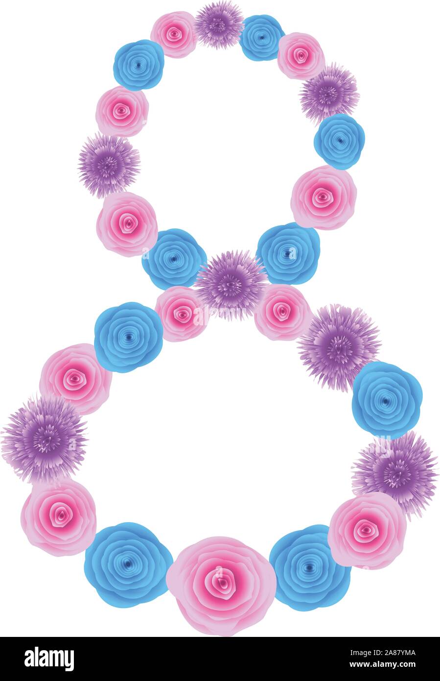 Number 8 made from blue, pink and violet flowers on white background ...