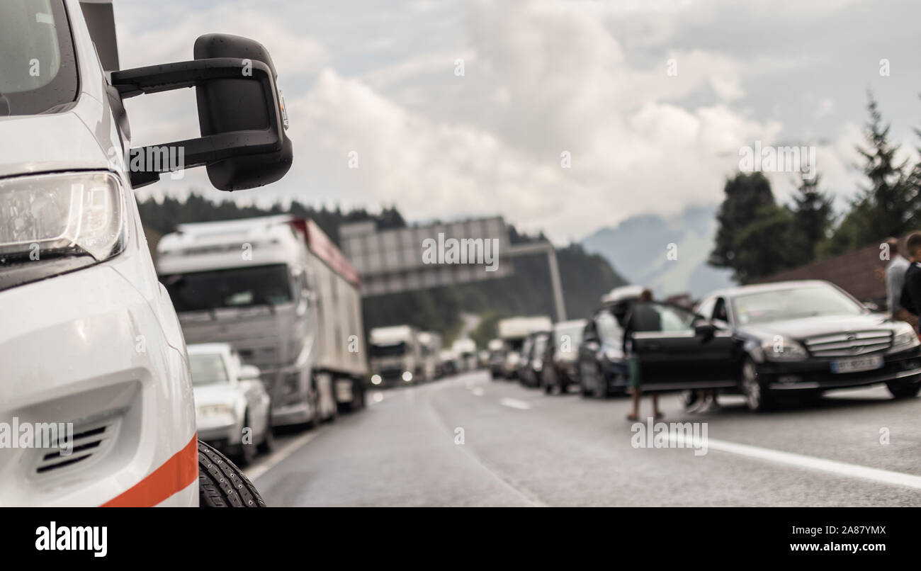 Typical scene on European highways during summer holiadays rush hour. A ...