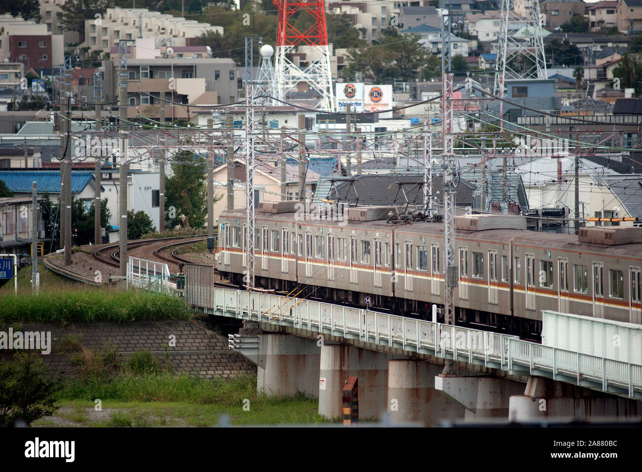 Commuter train approaching Tsunashima, heading to Yokohama, Japan, Asia ...