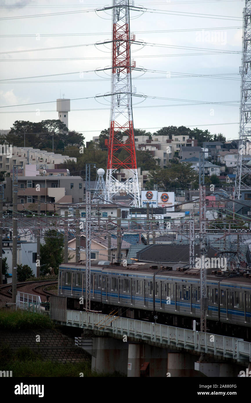 Commuter train approaching Tsunashima, heading to Yokohama, Japan, Asia ...