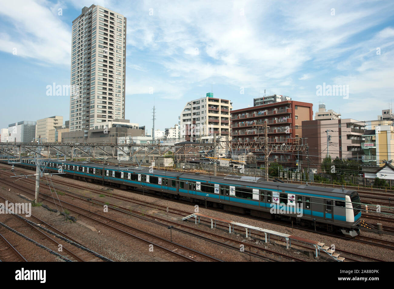 Commuter train approaching Tsunashima, heading to Yokohama, Japan, Asia ...
