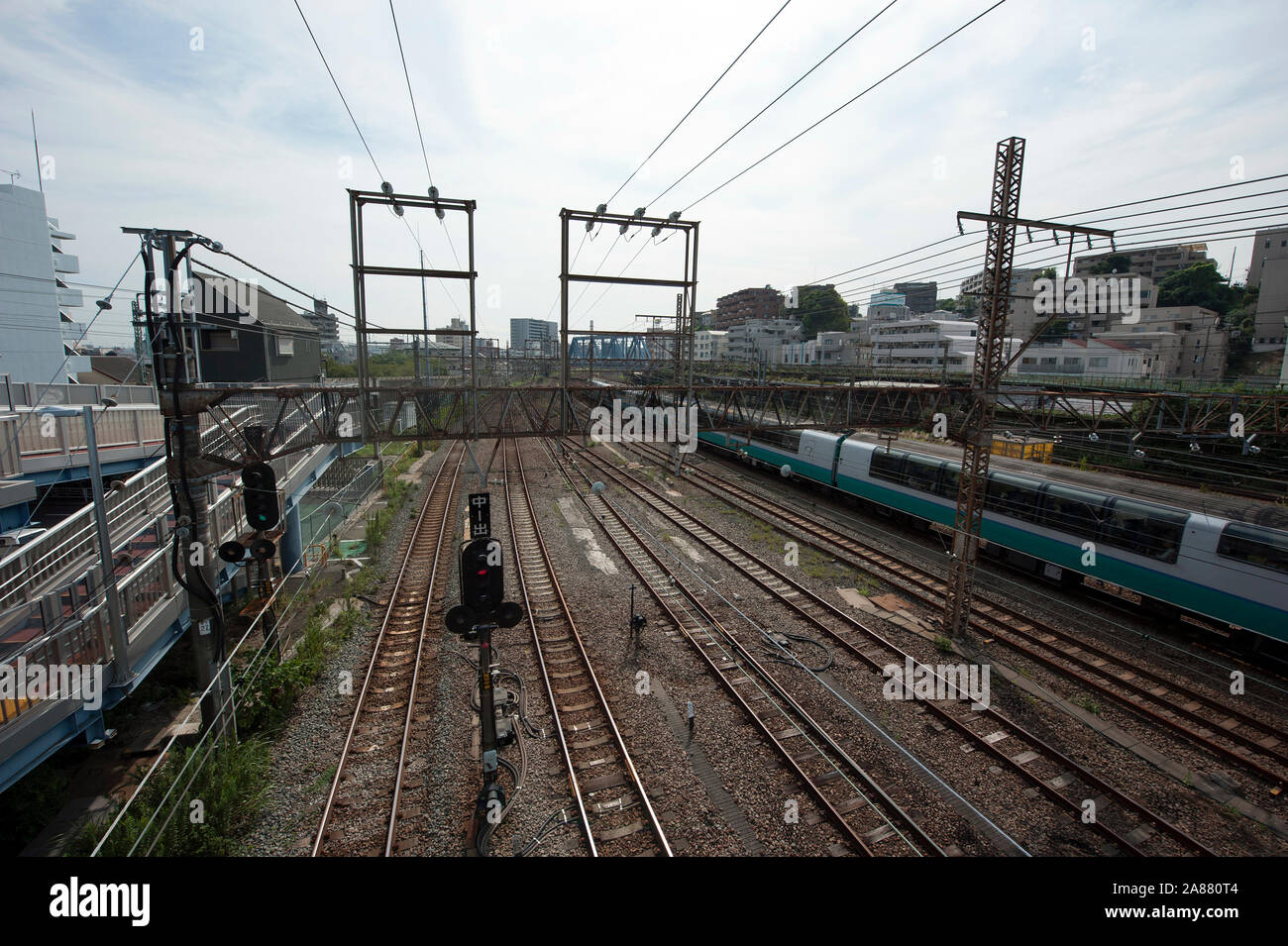 Commuter train approaching Tsunashima, heading to Yokohama, Japan, Asia ...