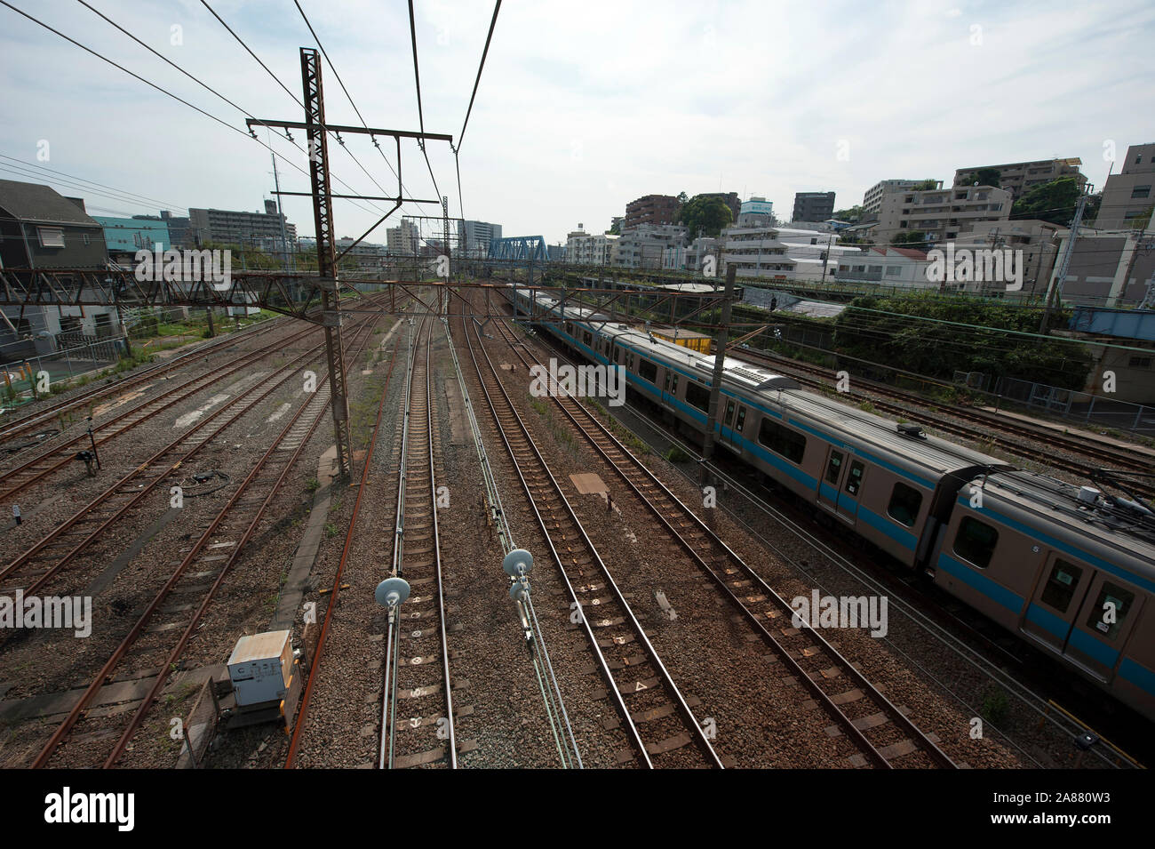Commuter train approaching Tsunashima, heading to Yokohama, Japan, Asia ...
