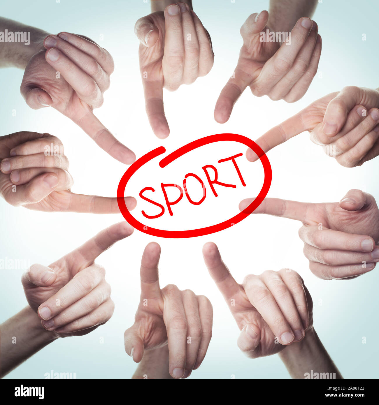 Many hands point to sign Sport. Concept sport problems Stock Photo - Alamy