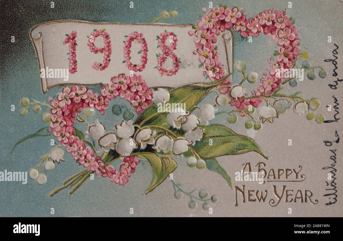 A happy new year in 1908, vintage USA postcard with pink flower hearts ...