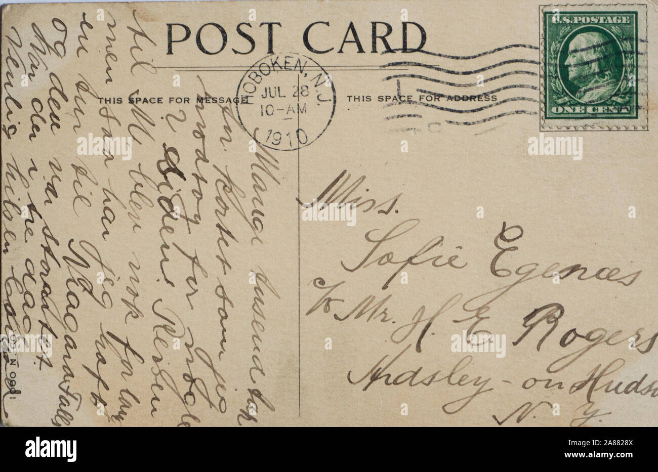 Vintage Post card with one cent green stamp, dress and writing in ...