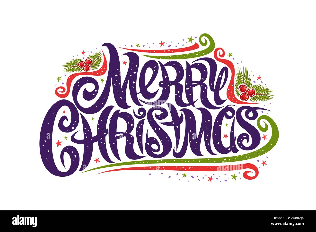 Vector greeting card for Merry Christmas, curly calligraphic font with ...