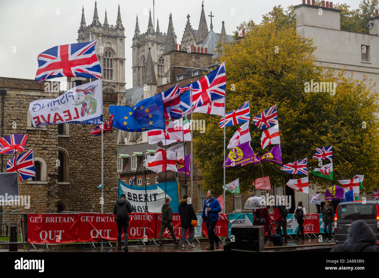 Brexit flags at Westminster Stock Photo - Alamy