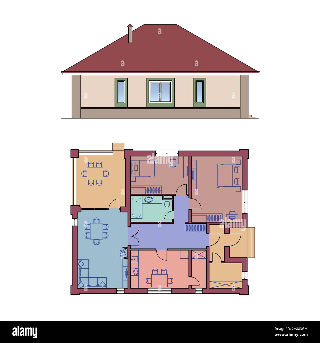 Architectural facade and plan of a house. The drawing of the cottage ...