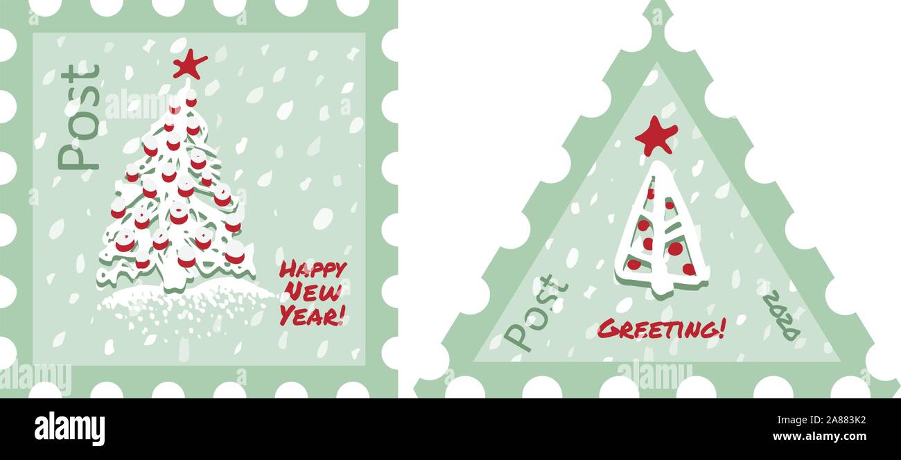 Postage Stamp Modern sketch with trendy stylized christmas tree ...