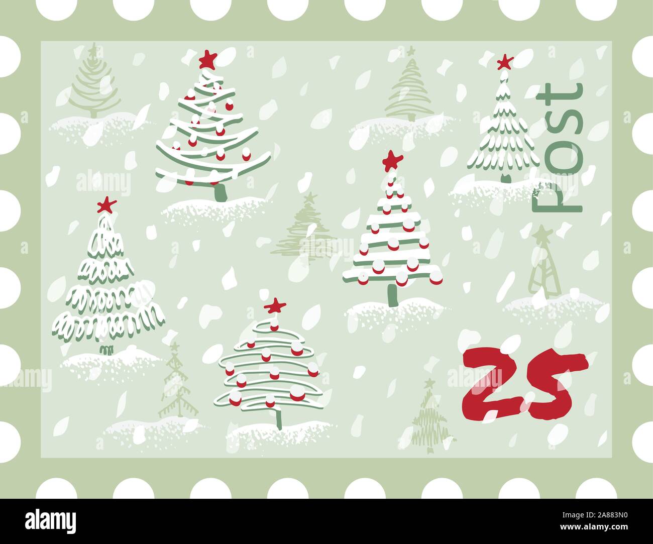 Postage Stamp Modern sketch with trendy stylized christmas tree ...