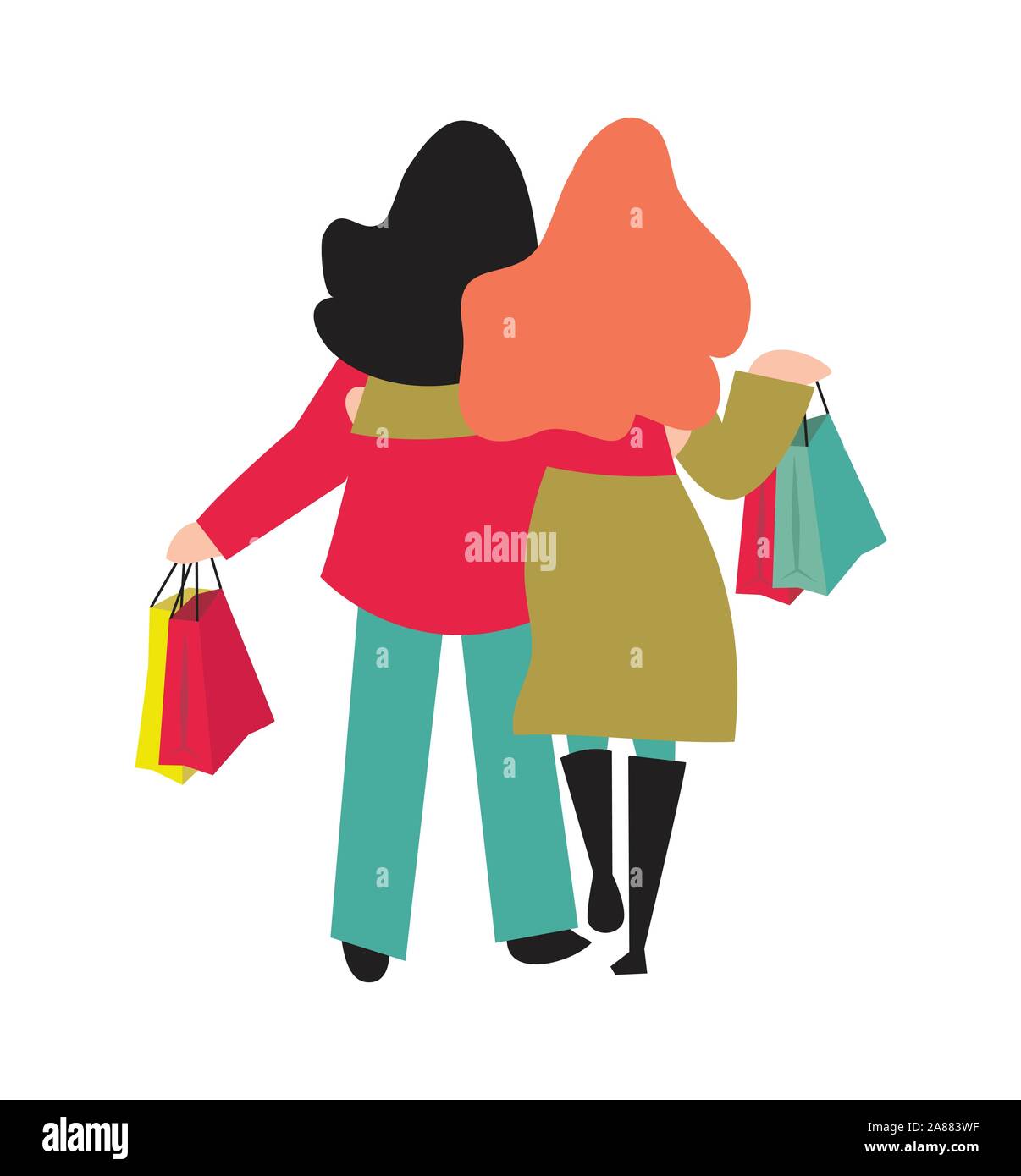 Back View Illustration of Female Shoppers Carrying Shopping Bags Stock ...