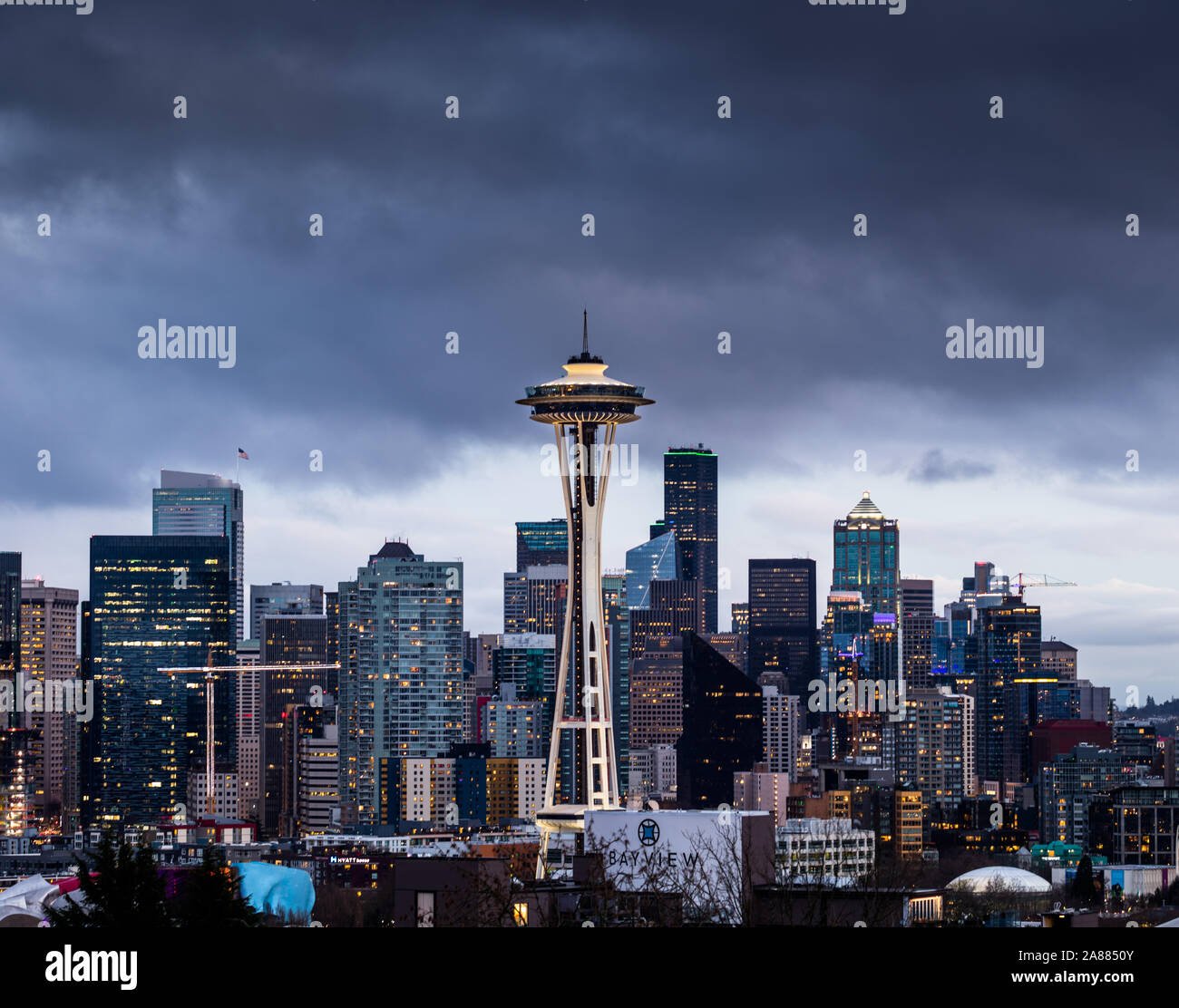 Cloudy/stormy Seattle skyline Stock Photo - Alamy