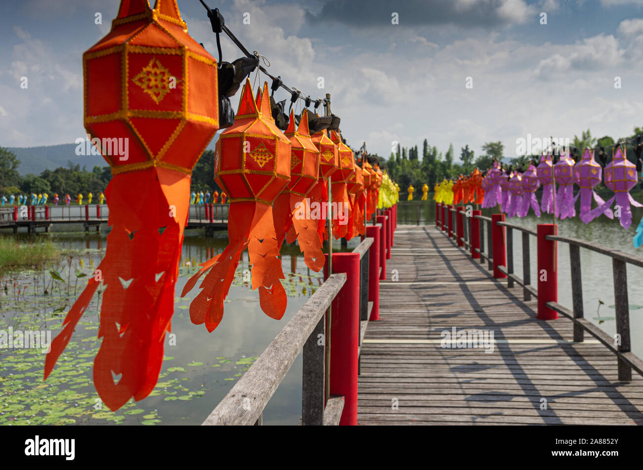 Picture of a footbridge decorated with colorful lanterns - selected ...