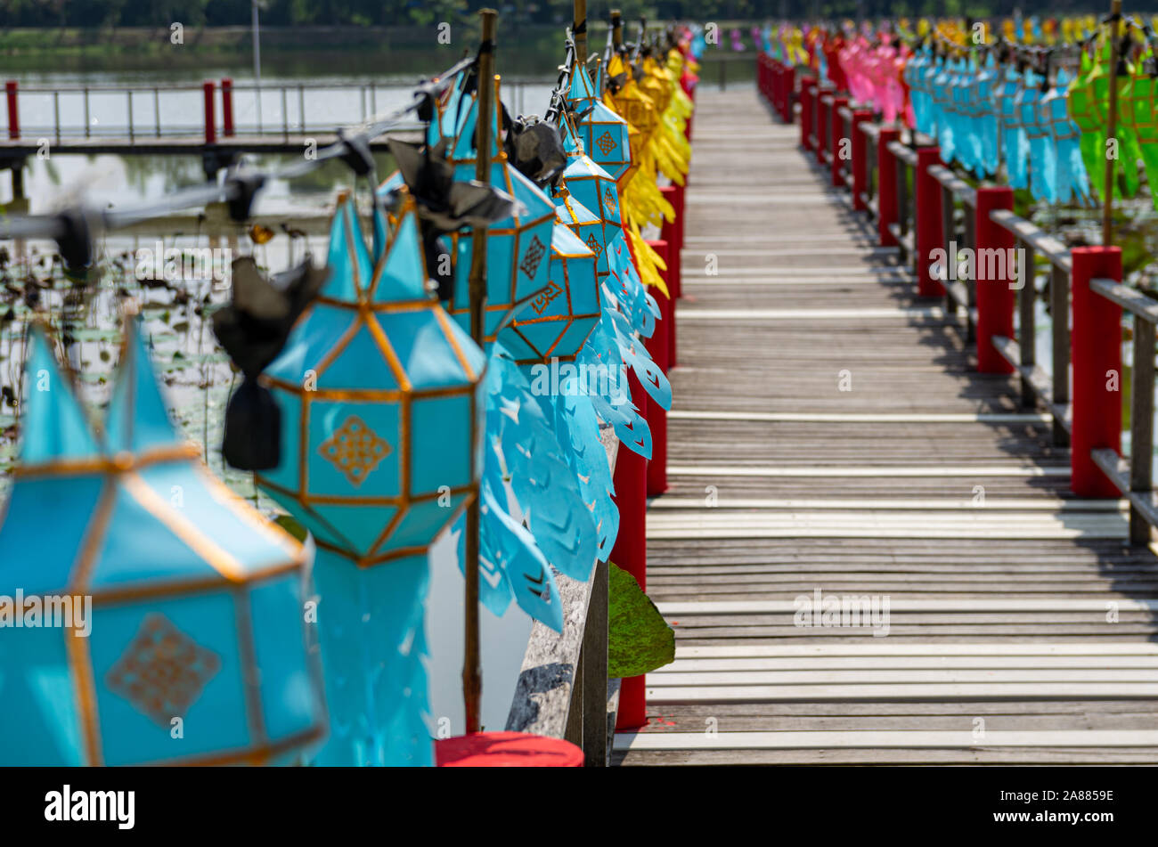 Picture of a footbridge decorated with colorful lanterns - selected ...