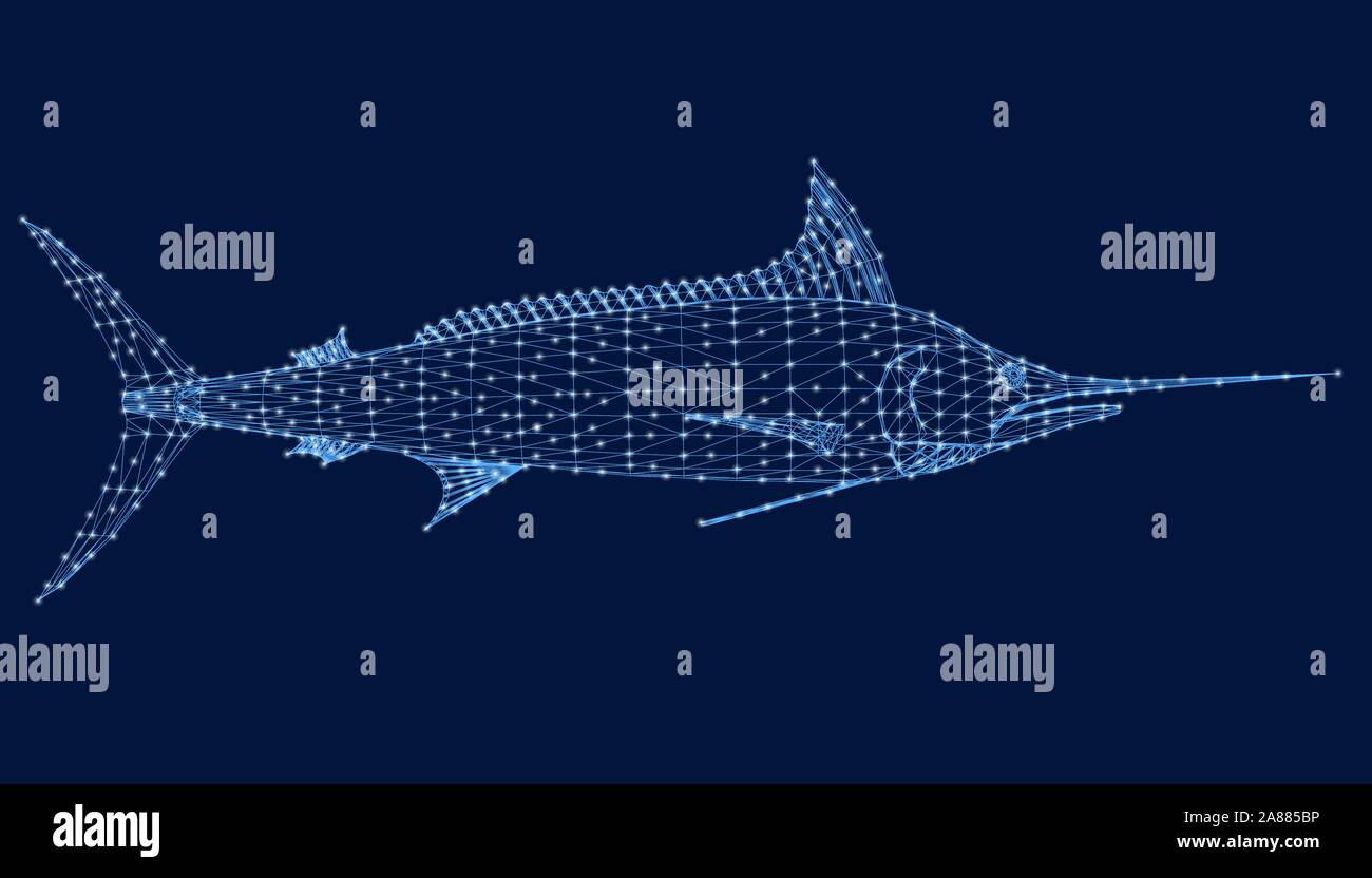 Polygonal wireframe fish sword with luminous lights on a dark ...