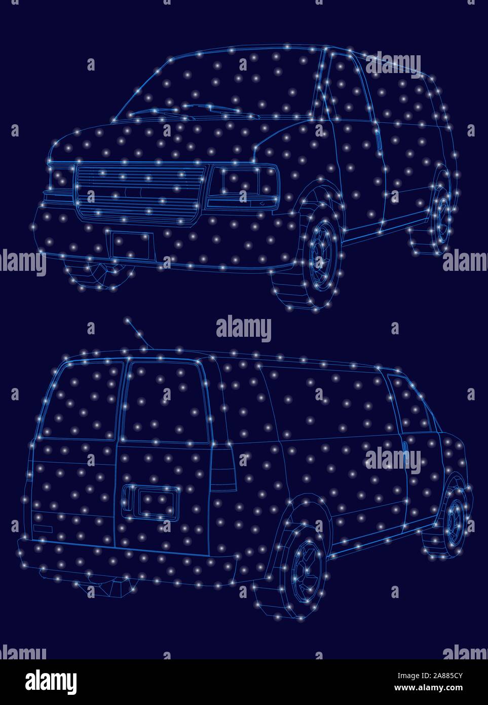 Wireframe of the van with luminous lights on a dark background. Front ...