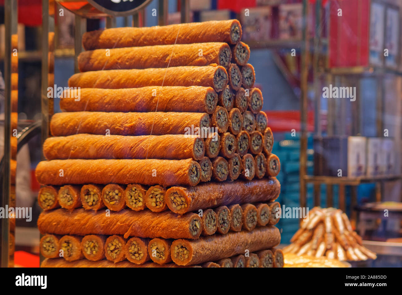 Rolled, shredded phyllo dough with pistachios Stock Photo - Alamy