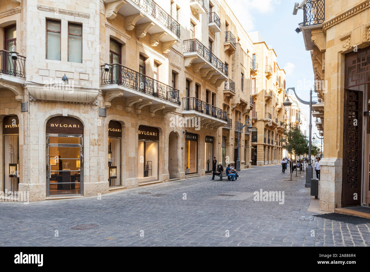 Luxury boutiques on a cobblestone street in Downtown Beirut, Lebanon ...