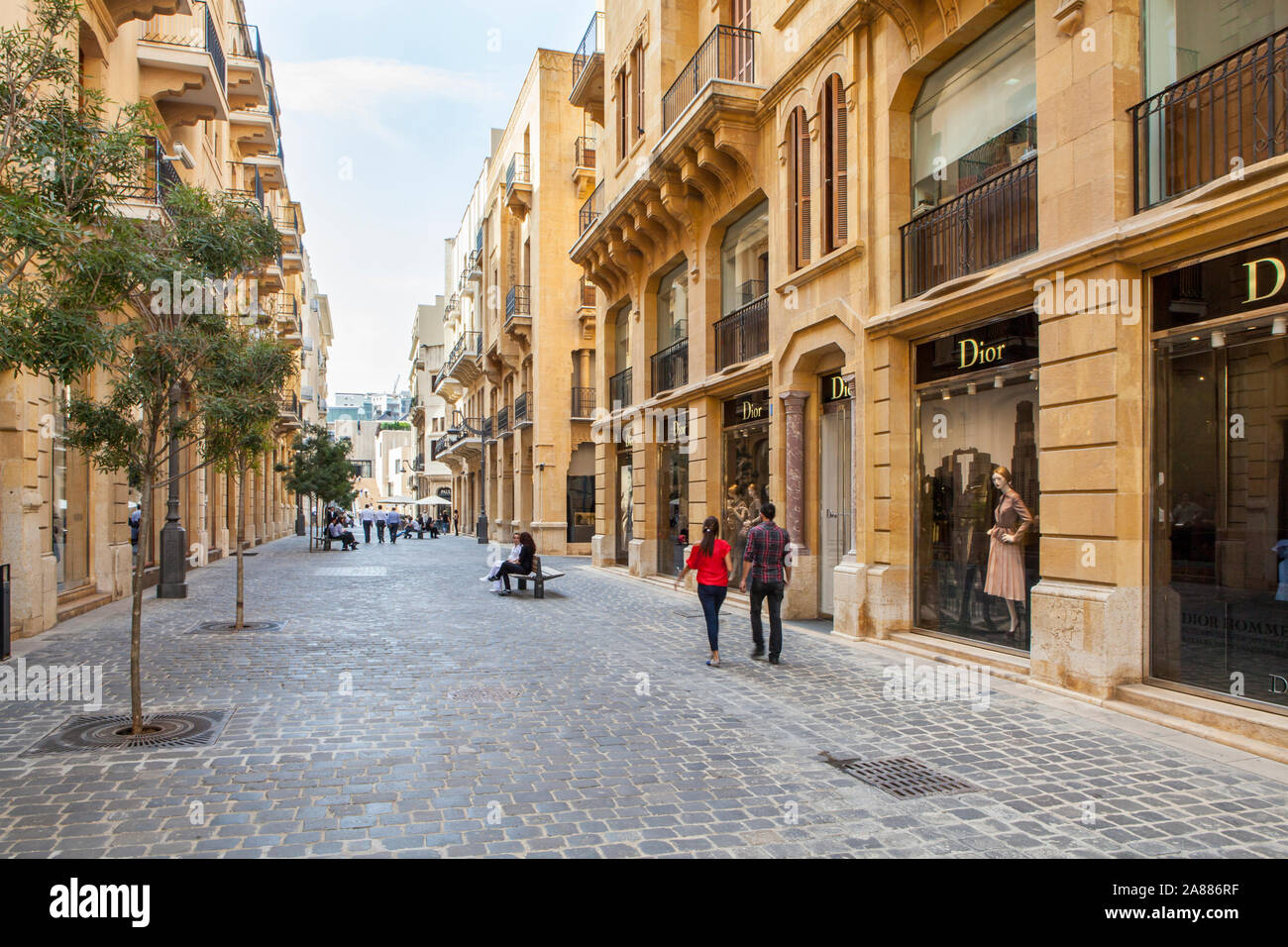 Luxury boutiques on a cobblestone street in Downtown Beirut, Lebanon ...