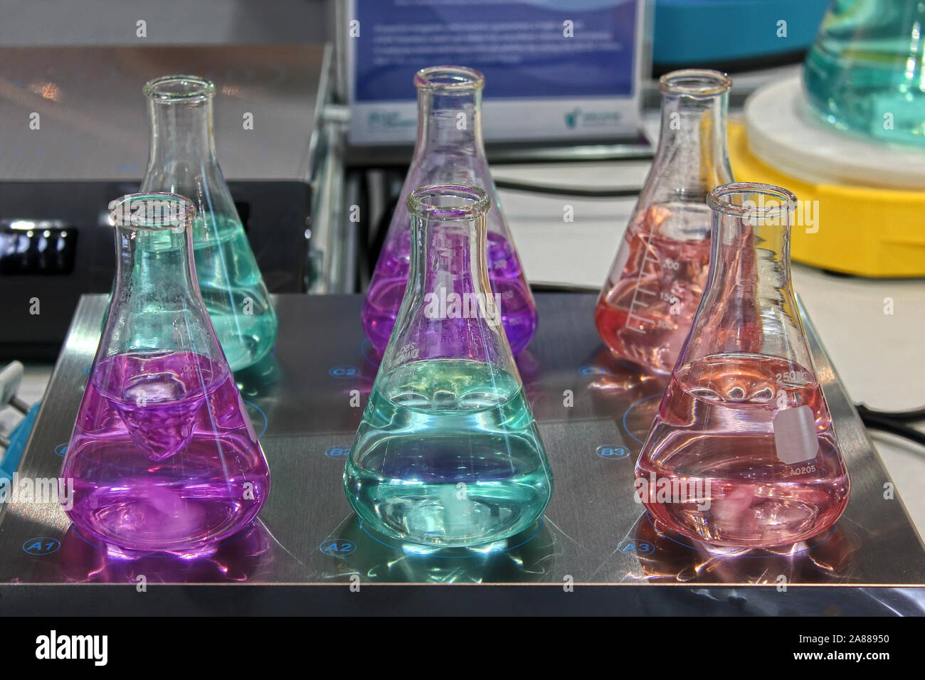 Colorful flasks in laboratory Stock Photo - Alamy