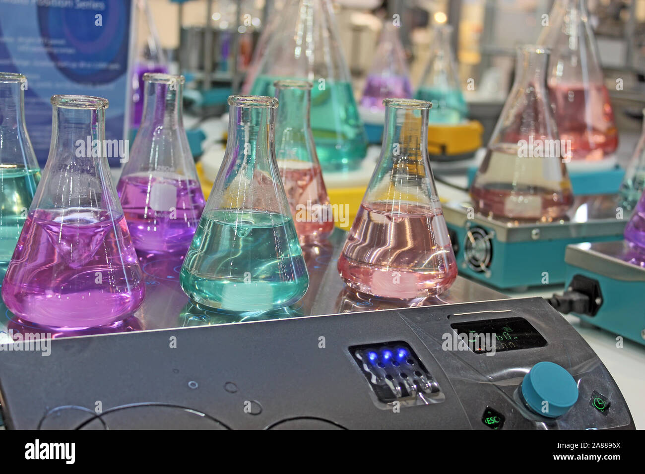 Colorful flasks in laboratory Stock Photo - Alamy