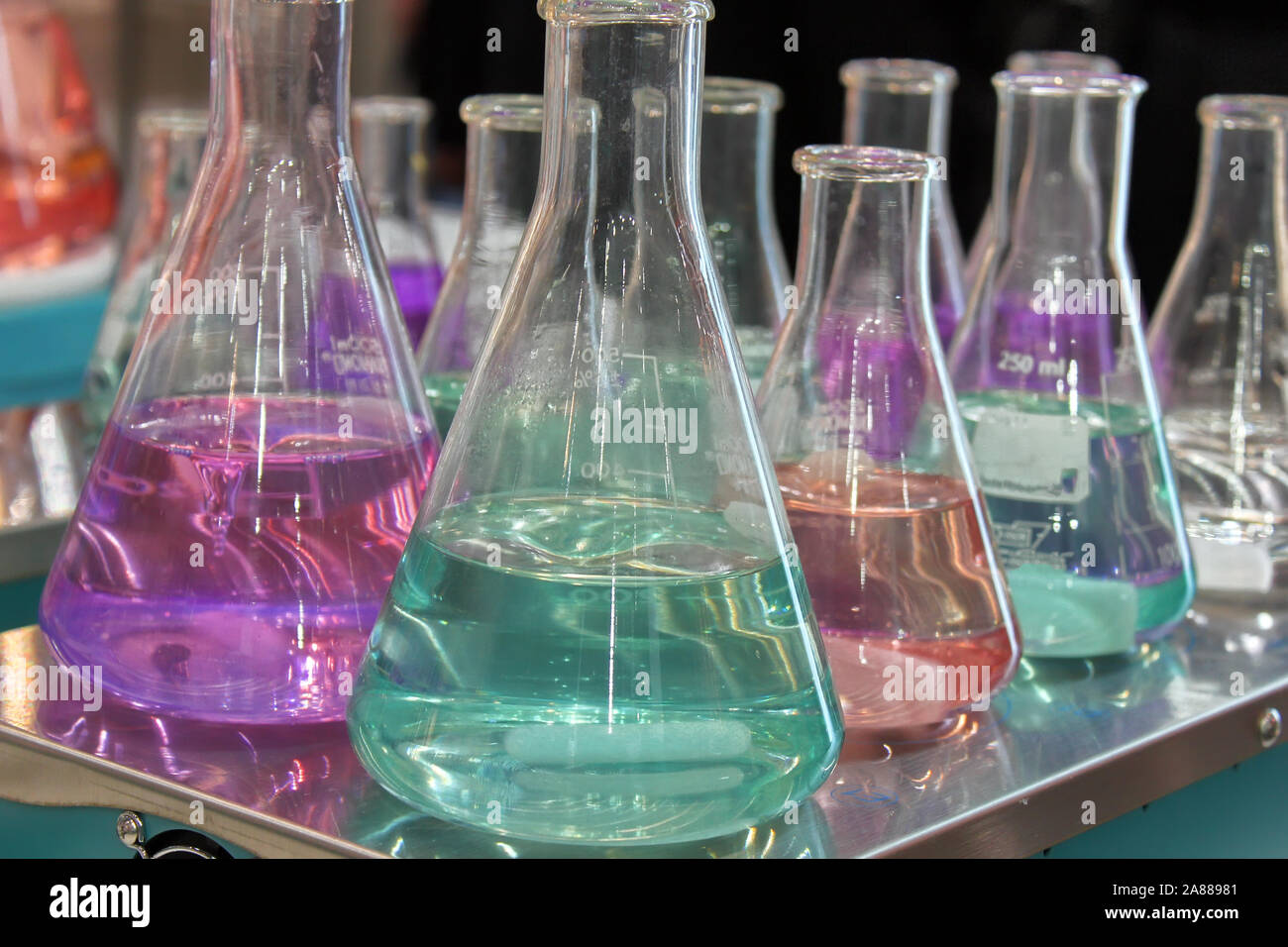 Colorful flasks in laboratory Stock Photo - Alamy