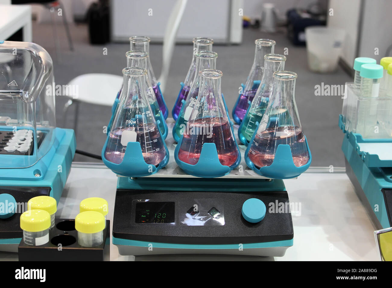 Colorful flasks in laboratory Stock Photo - Alamy