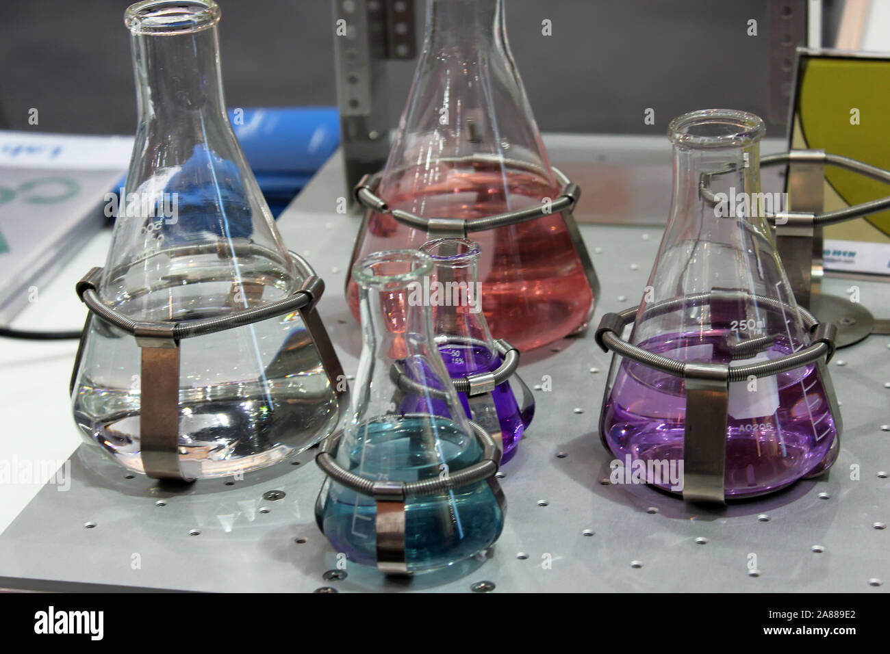 Colorful flasks in laboratory Stock Photo - Alamy