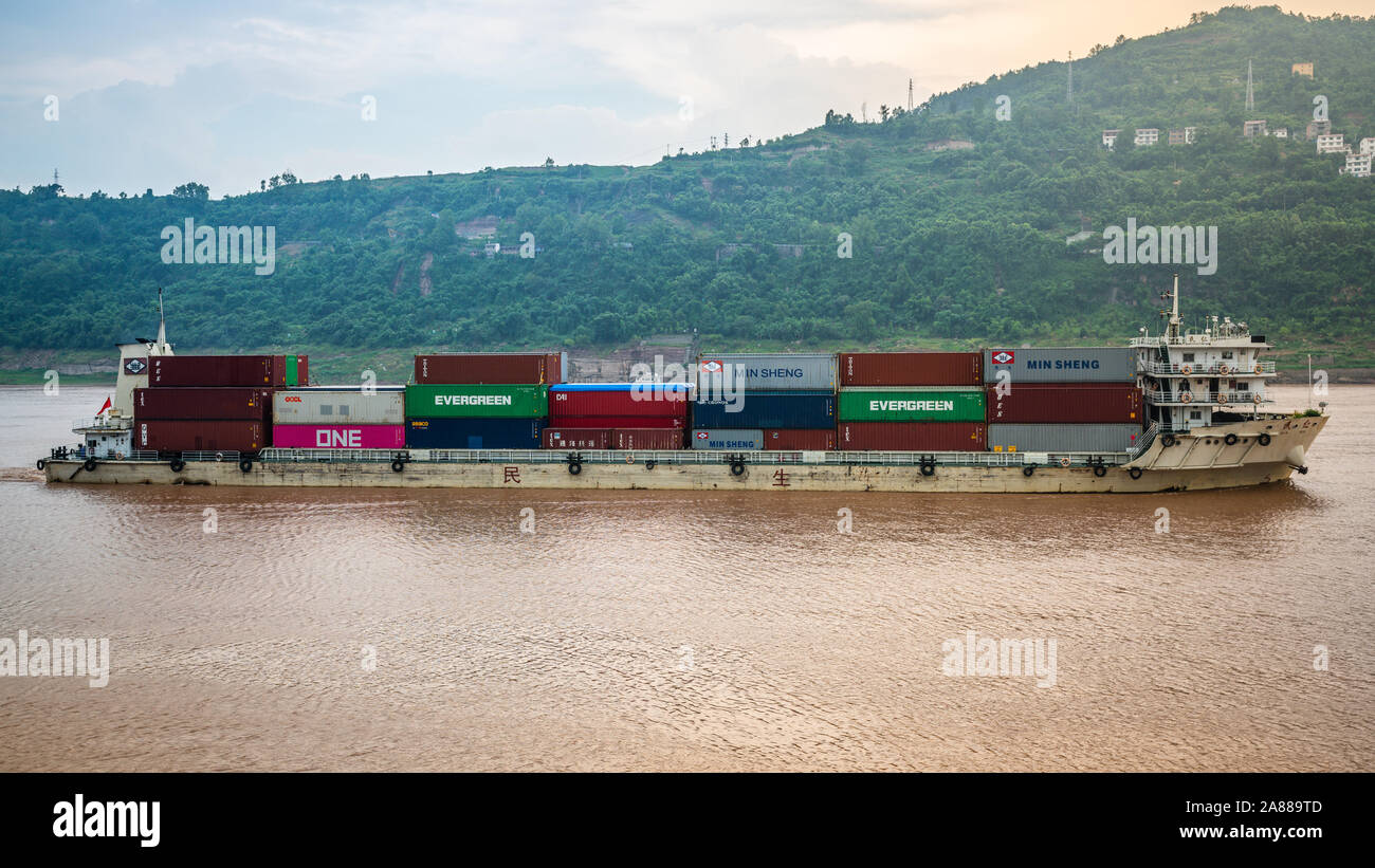 Chongqing China , 8 August 2019 : Container cargo ship side view on ...
