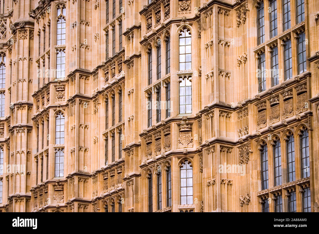 Houses of Parliament, London. Close, detail of the exterior façade to ...