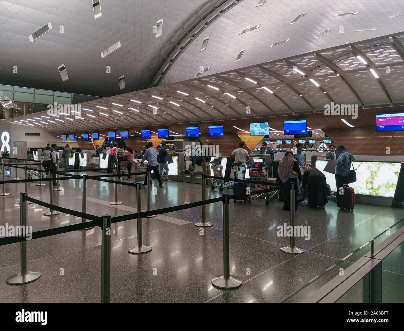 02 October 2019: Doha, Qatar: Airport reception in Hamad international ...