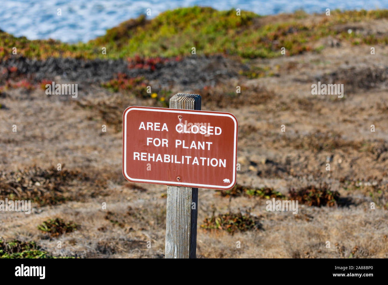 “Area closed for plant rehabilitation” sign, Cambria on the Pacific ...