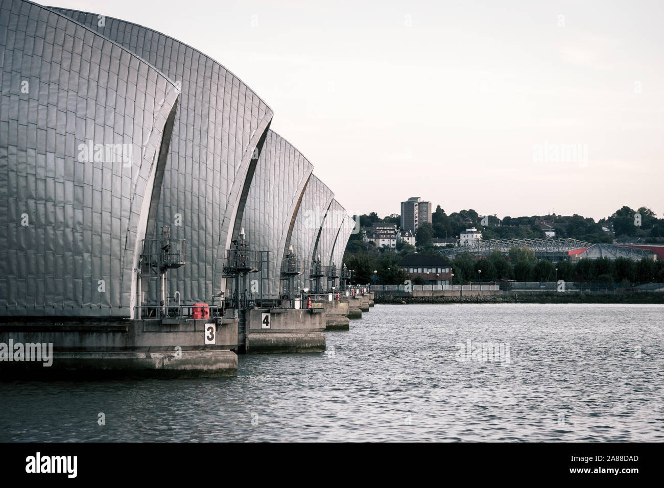 Thames Flood Barrier, London. A view along the Thames flood barrier ...