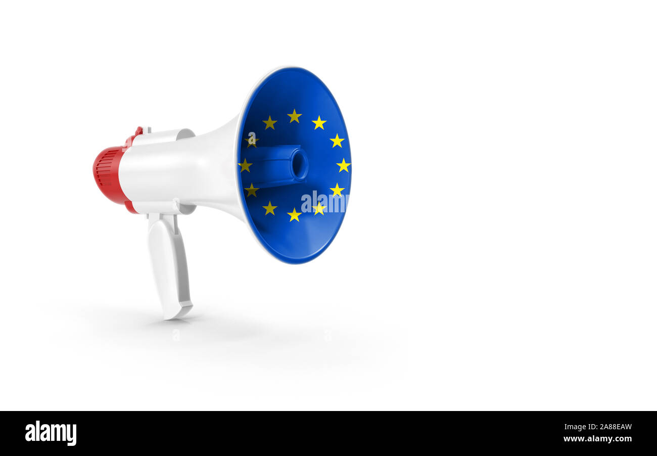 Megaphone or loudspeaker with European Union Flag is isolated on white ...