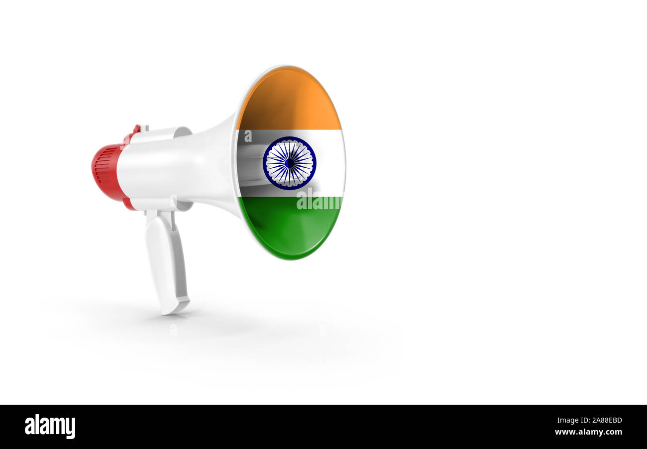 Megaphone or loudspeaker with Indian Flag is isolated on white ...