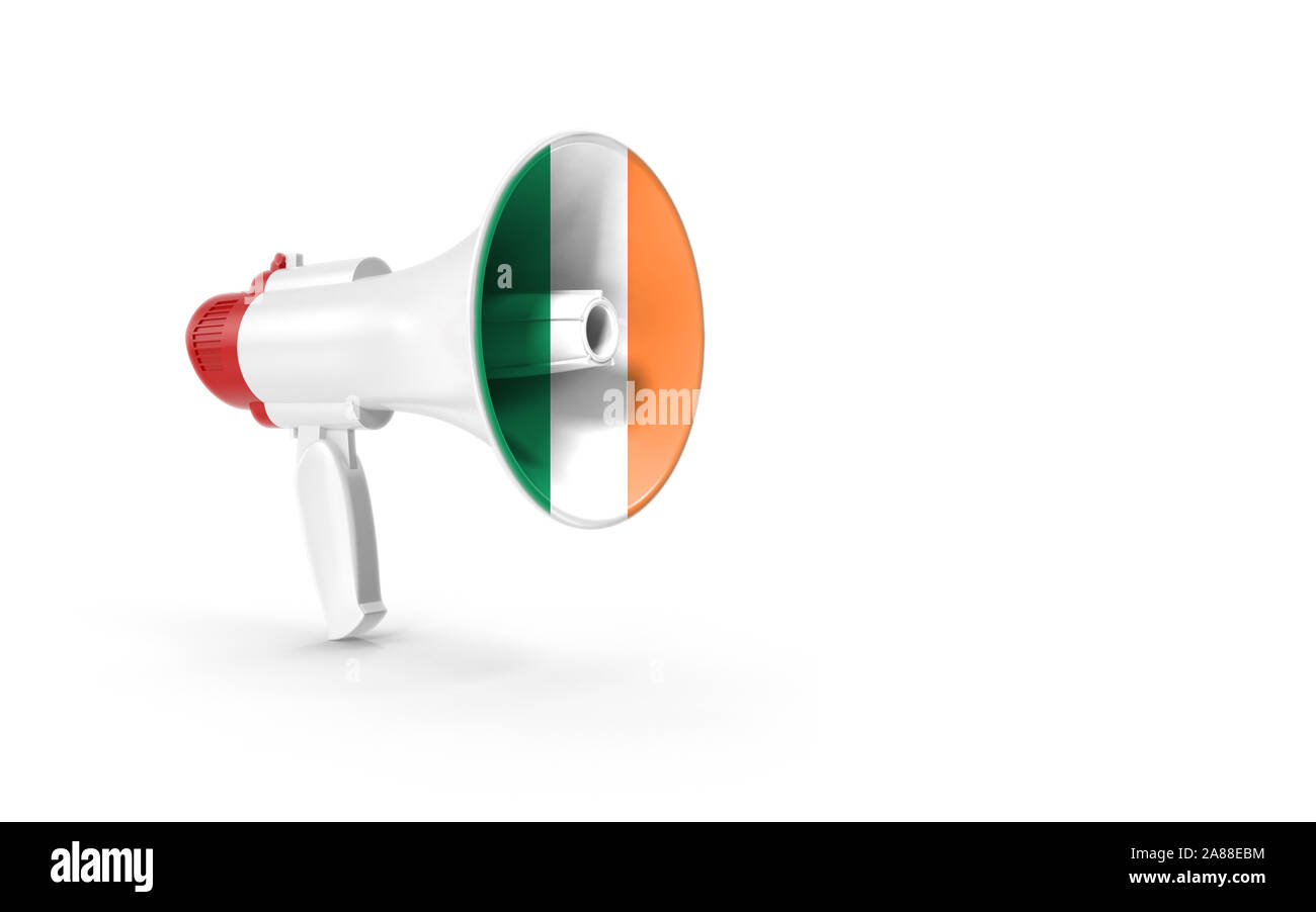 Megaphone or loudspeaker with Irish Flag is isolated on white ...