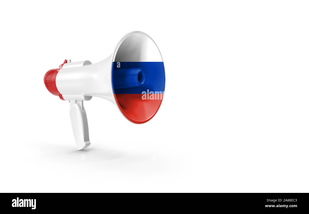 Megaphone or loudspeaker with Russian Flag is isolated on white ...