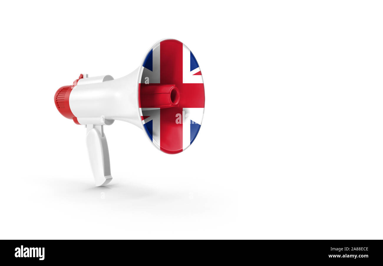 Megaphone or loudspeaker with UK Flag is isolated on white background ...