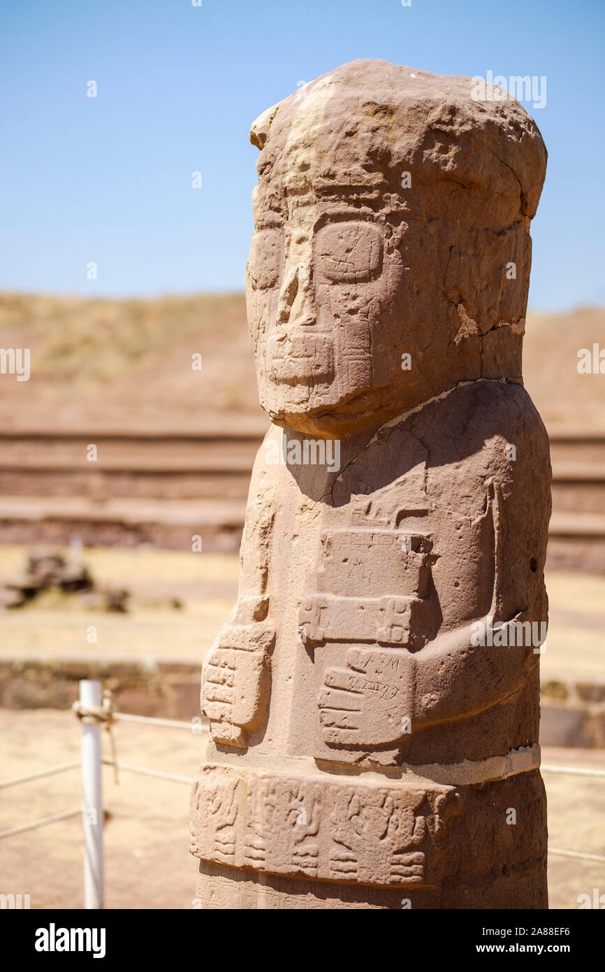 Detail of the El Fraile monolith at Kalasasaya Temple in the Tiwanaku ...