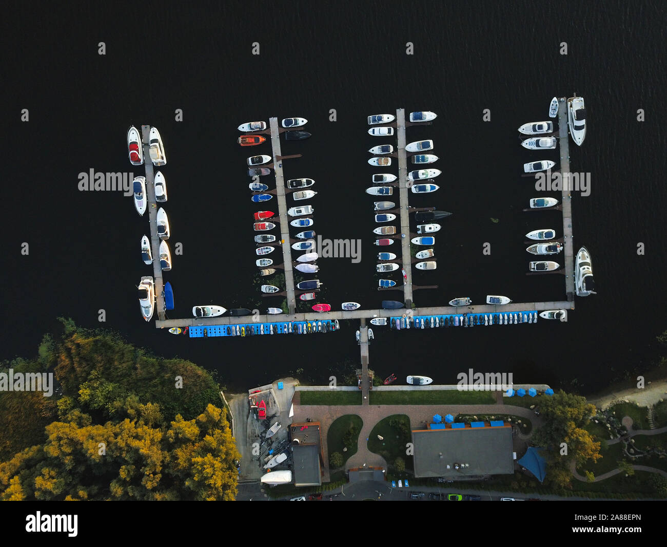 Aerial top view of boats in marina from above. Boats parking Stock ...