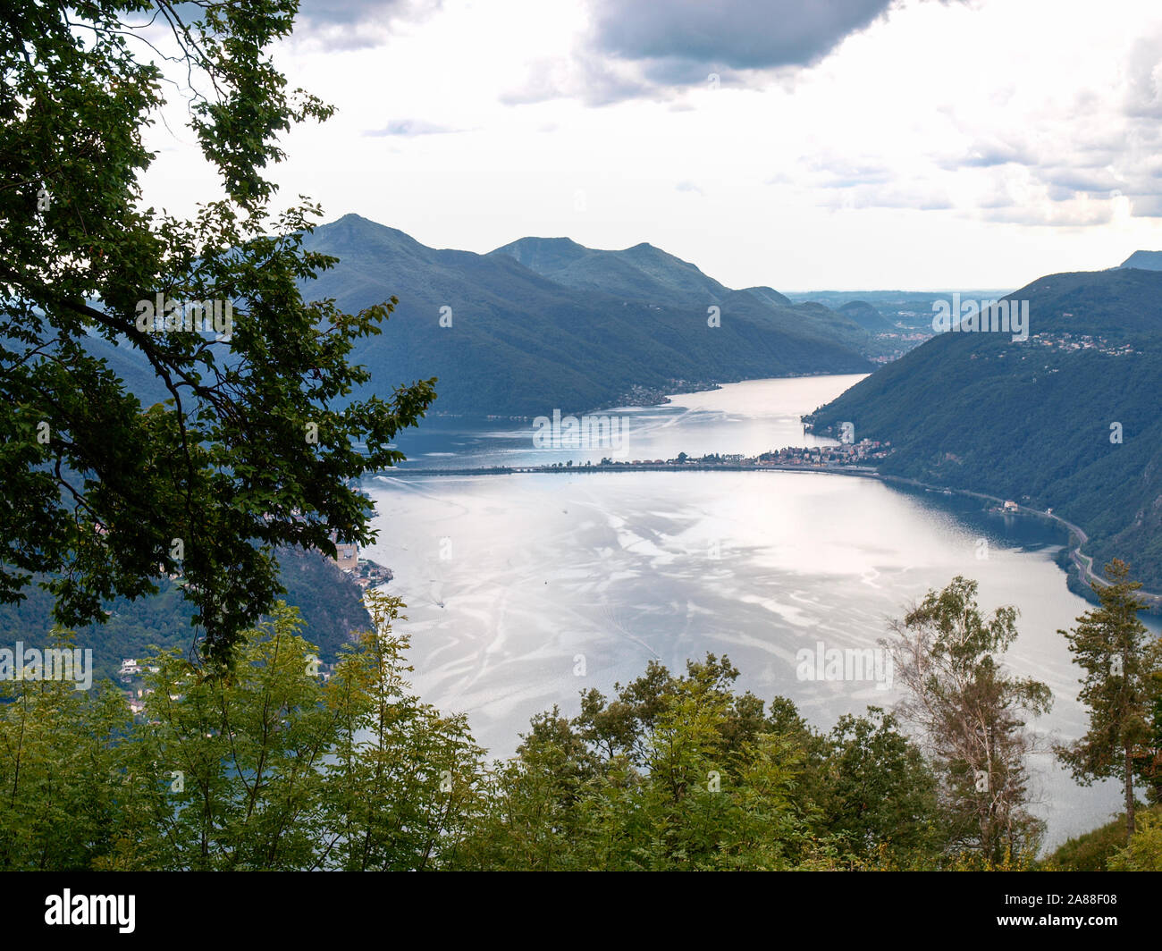 Lugano, Switzerland: View of the lake from the summit of Monte Bré ...