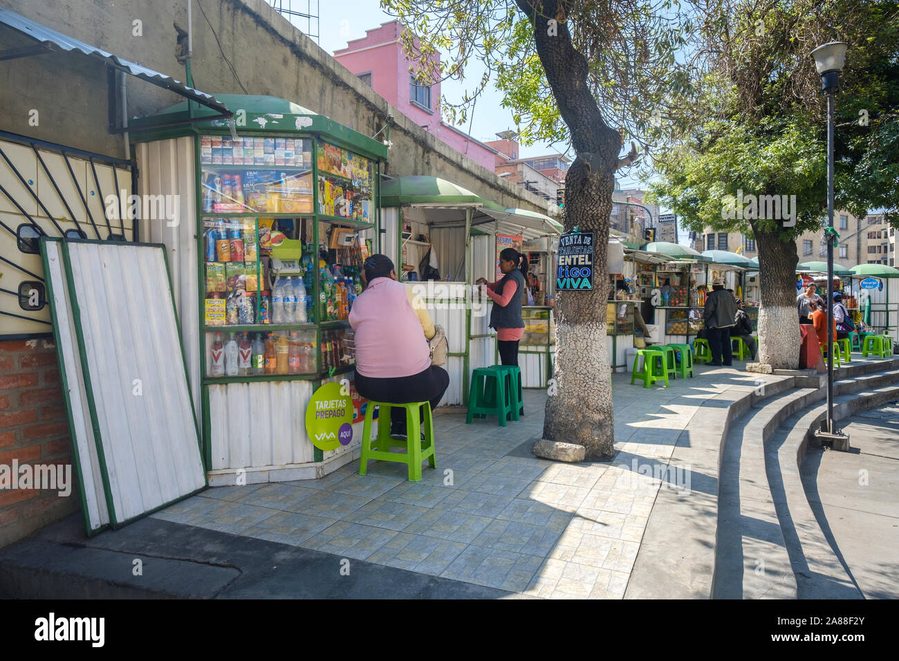 Food stalls outside the Bus Terminal or Terminal de Buses La Paz which ...