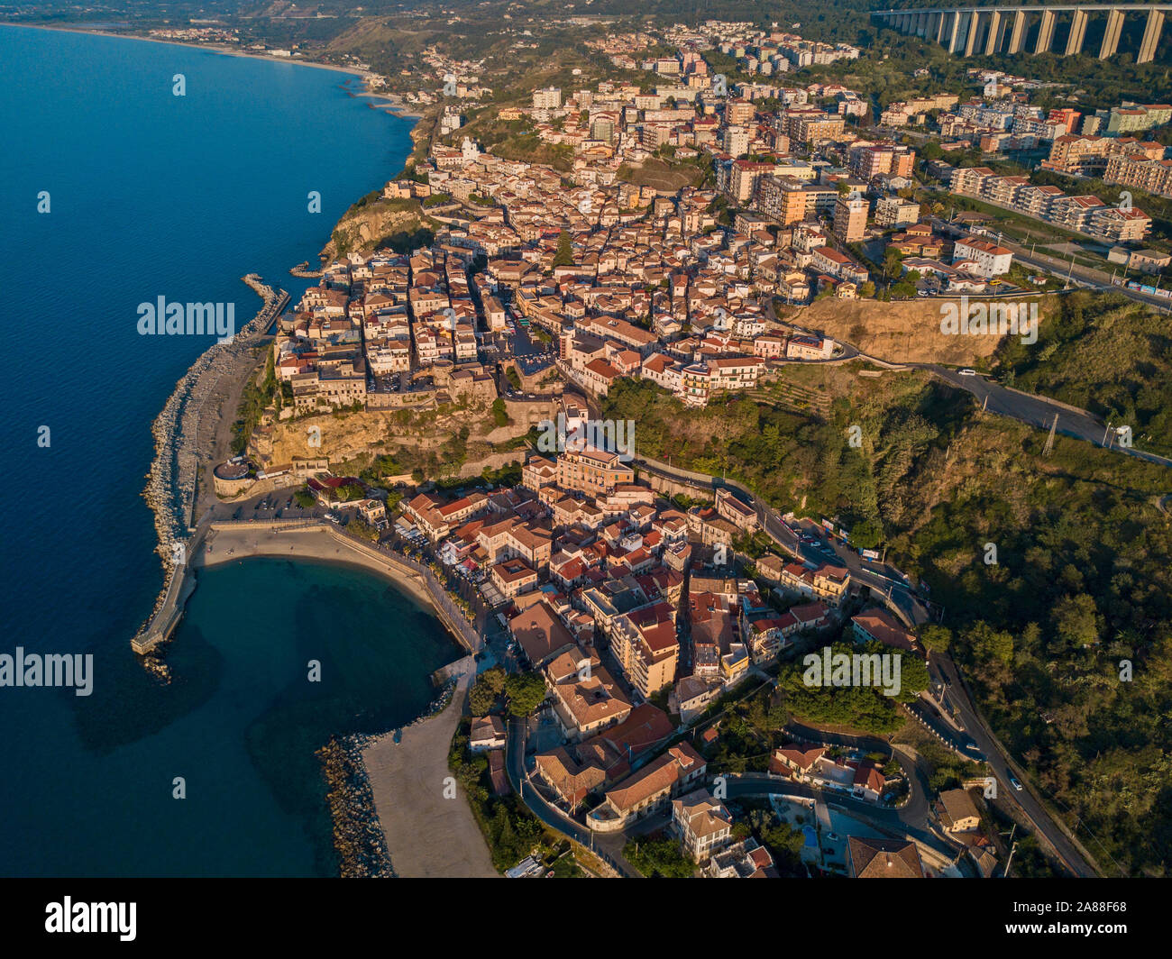 Aerial view of Pizzo Calabro, pier, castle, Calabria, tourism Italy ...