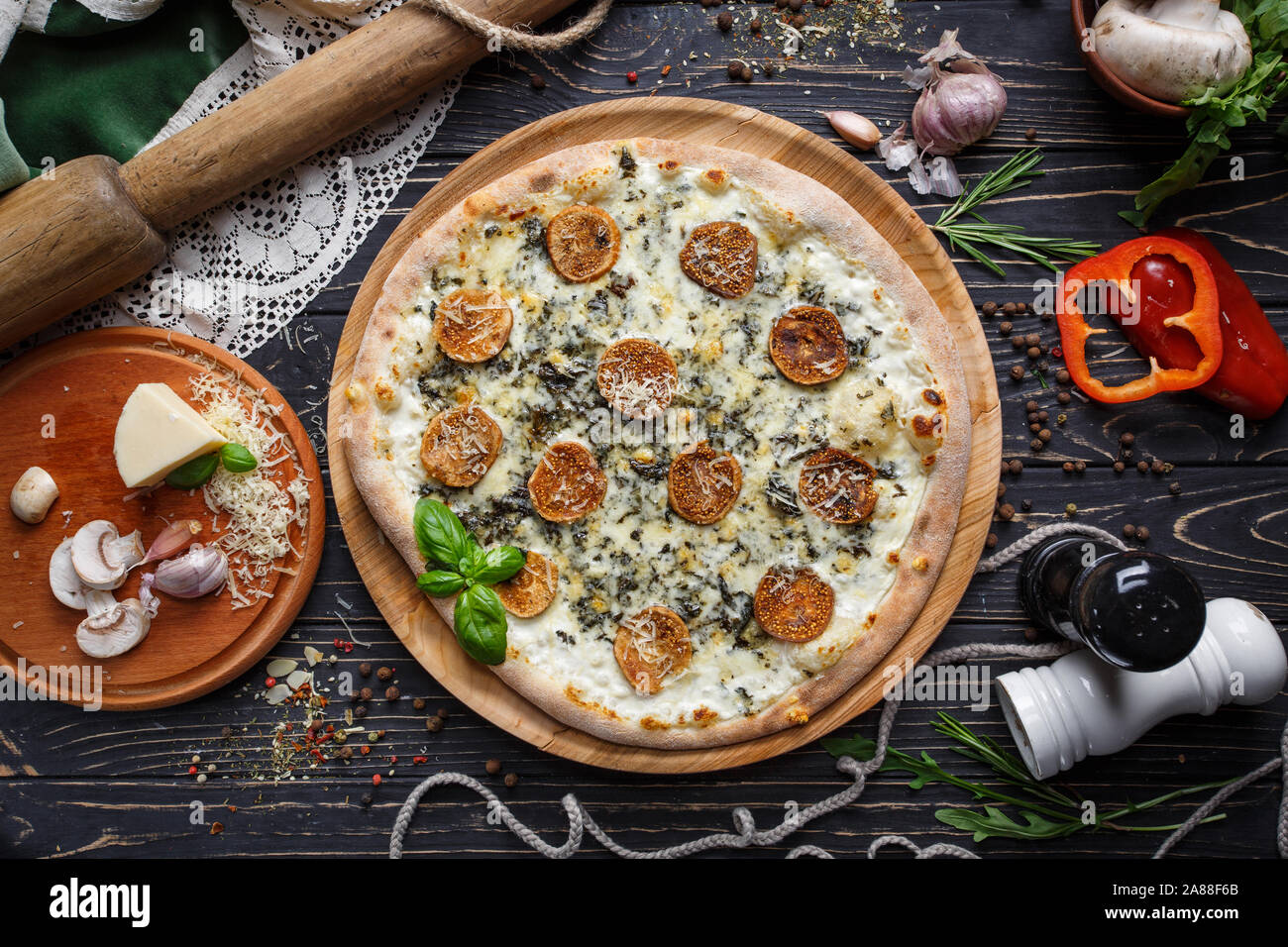 Mushroom pizza with herbs and mozzarella. Mockup Stock Photo - Alamy