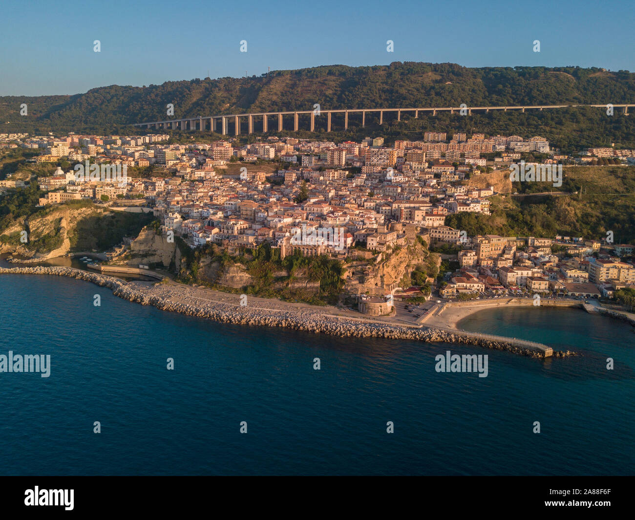Aerial view of Pizzo Calabro, pier, castle, Calabria, tourism Italy ...