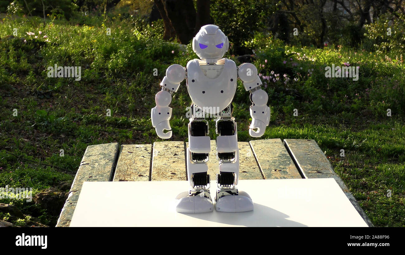 An android humanoid robot dances a popular style dance. Robot likes to ...