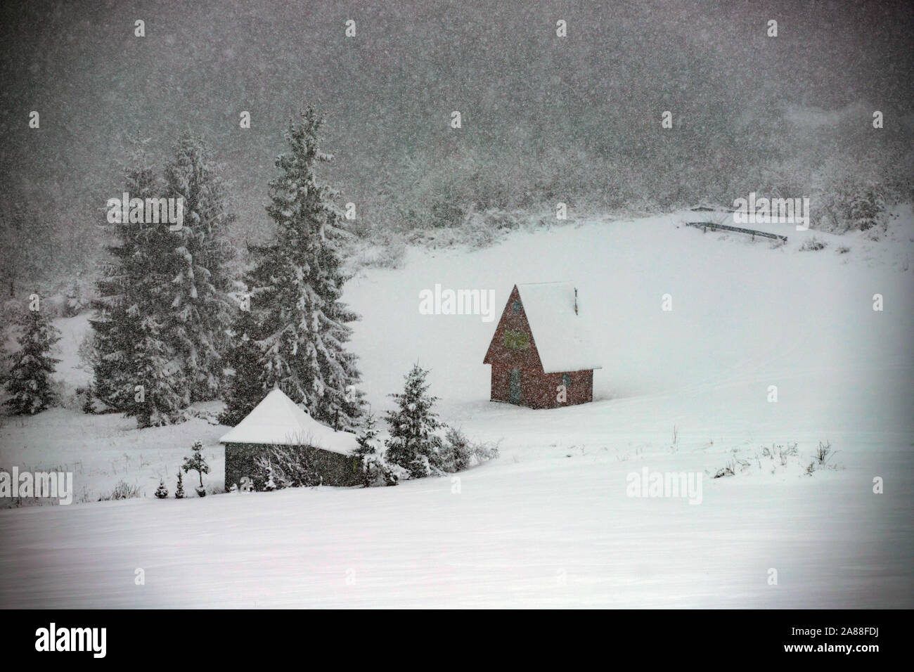 Small wooden hut in winter forest in heavy snowfall Stock Photo - Alamy